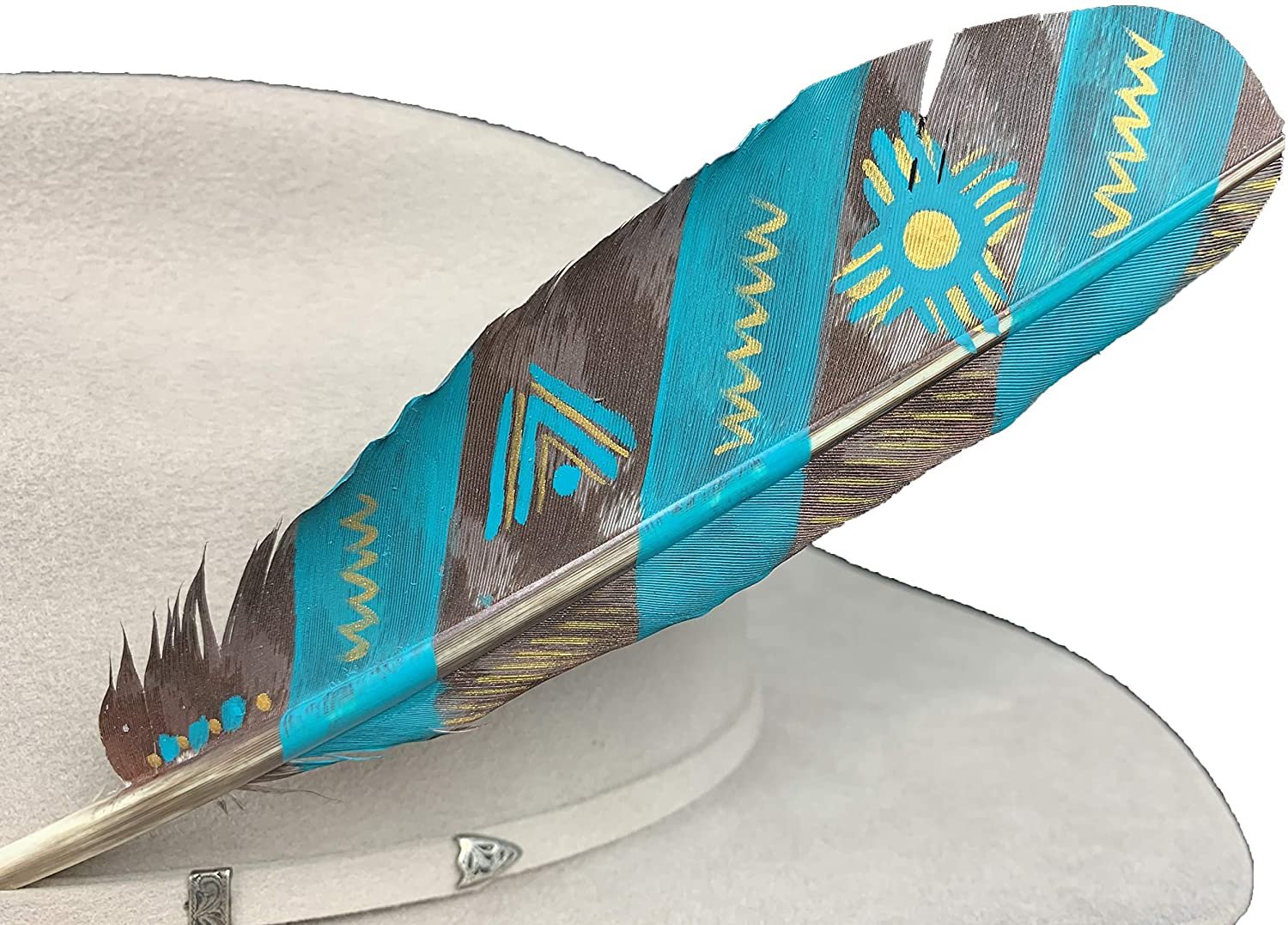 Hand Painted Striped Cowboy Hat Feather, Teal and Yellow
