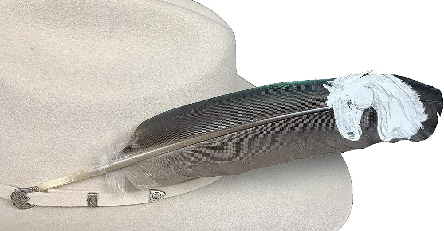Hand Painted White Horse Cowboy Hat Feather, Black